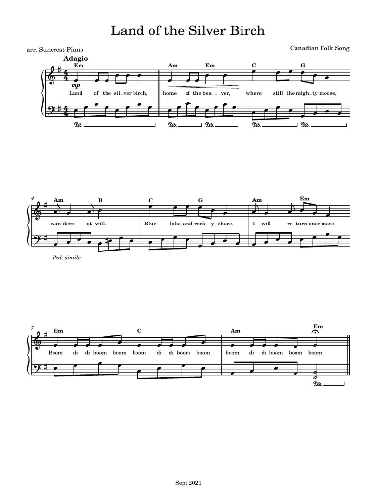 Land of The Silver Birch - Canadian Folk Song Arr. Suncrest Piano | PDF