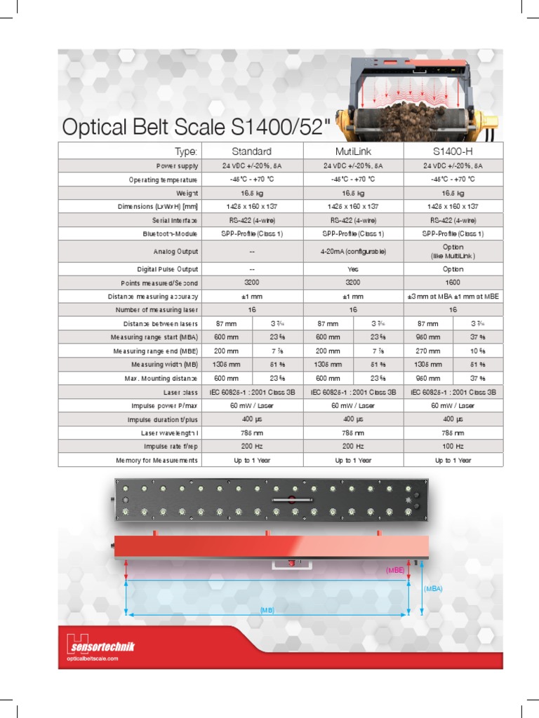 Sensortechnik Optical Belt Scale Tech Sheet S1400 Final | PDF | Laser ...