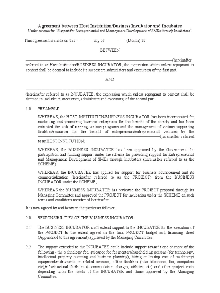 Agreement Format Between Entrepreneur Incubatee | PDF | Business ...