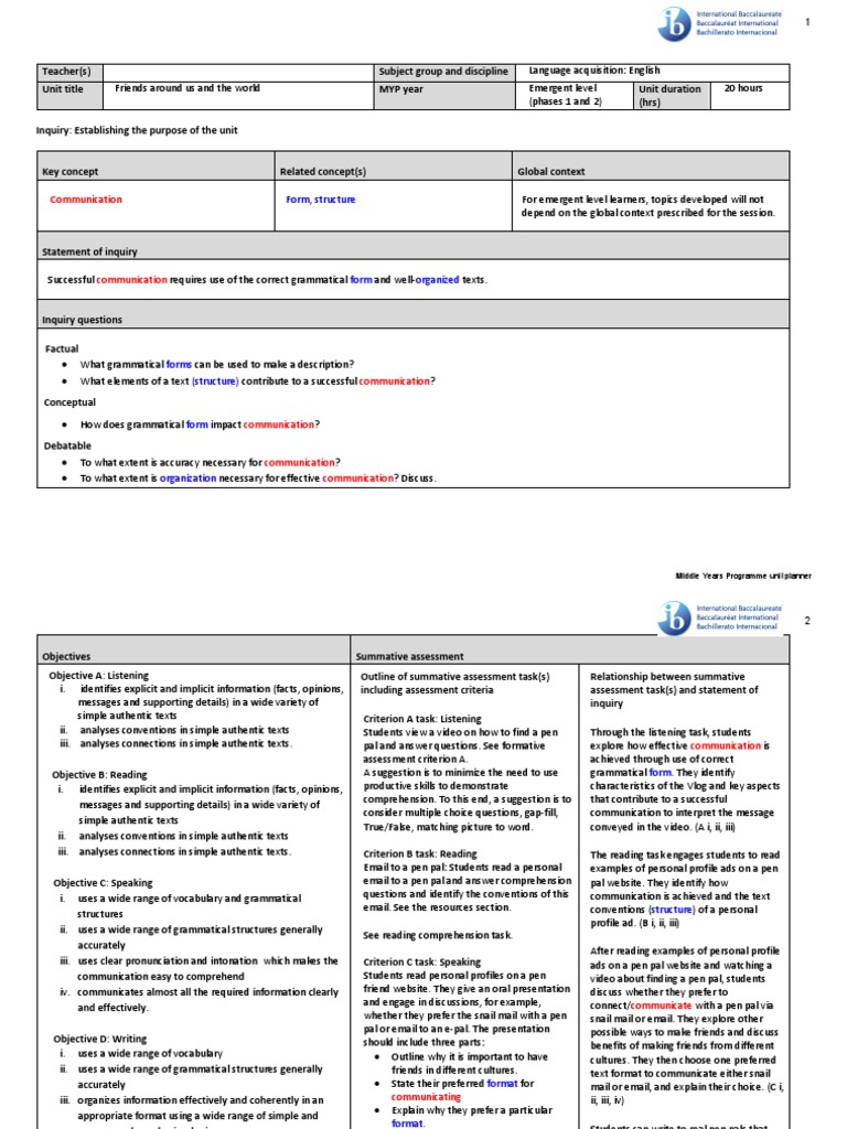 MYP - LA - Emergent - Unit - Planner - Example - Phase 1 Hy 2 | PDF ...