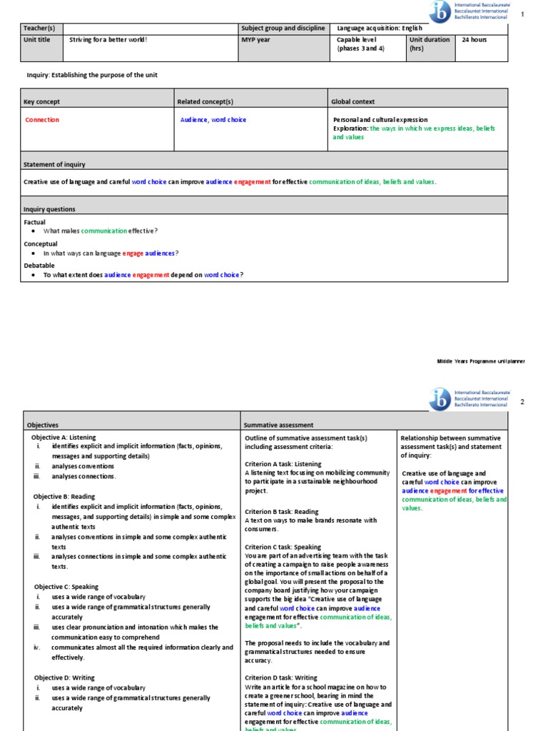 MYP - LA - Capable - Unit - Planner - Example - Phases 3 y 4 | PDF ...