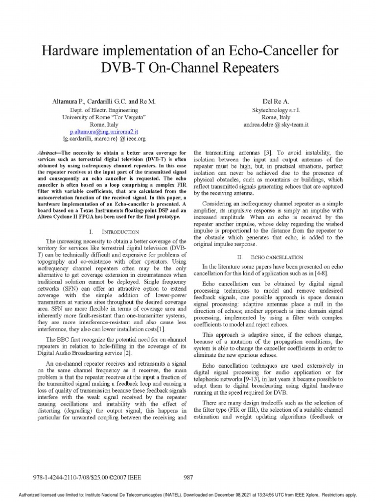 Implementation Repeaters: Hardware of An Echo-Canceller For On-Channel | PDF | Digital Signal ...