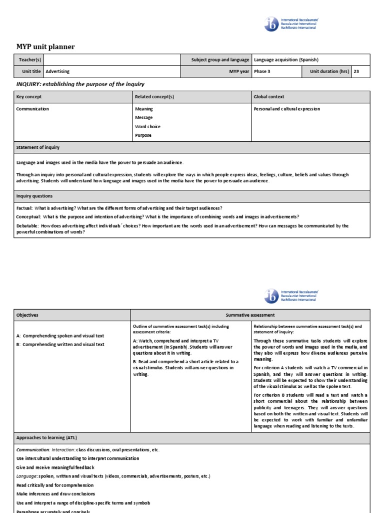 MYP Unit Planner: INQUIRY: Establishing The Purpose of The Inquiry ...
