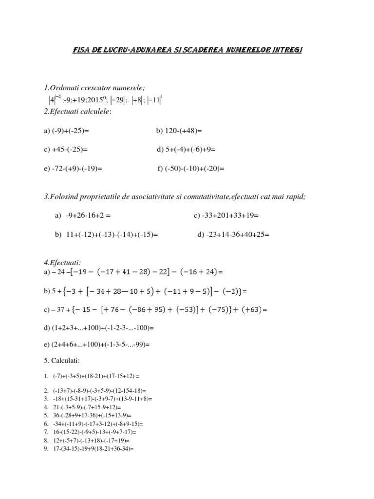 Fisa de Lucru-Adunarea Si Scaderea Numerelor Intregi: 1.ordonati Crescator Numerele | PDF
