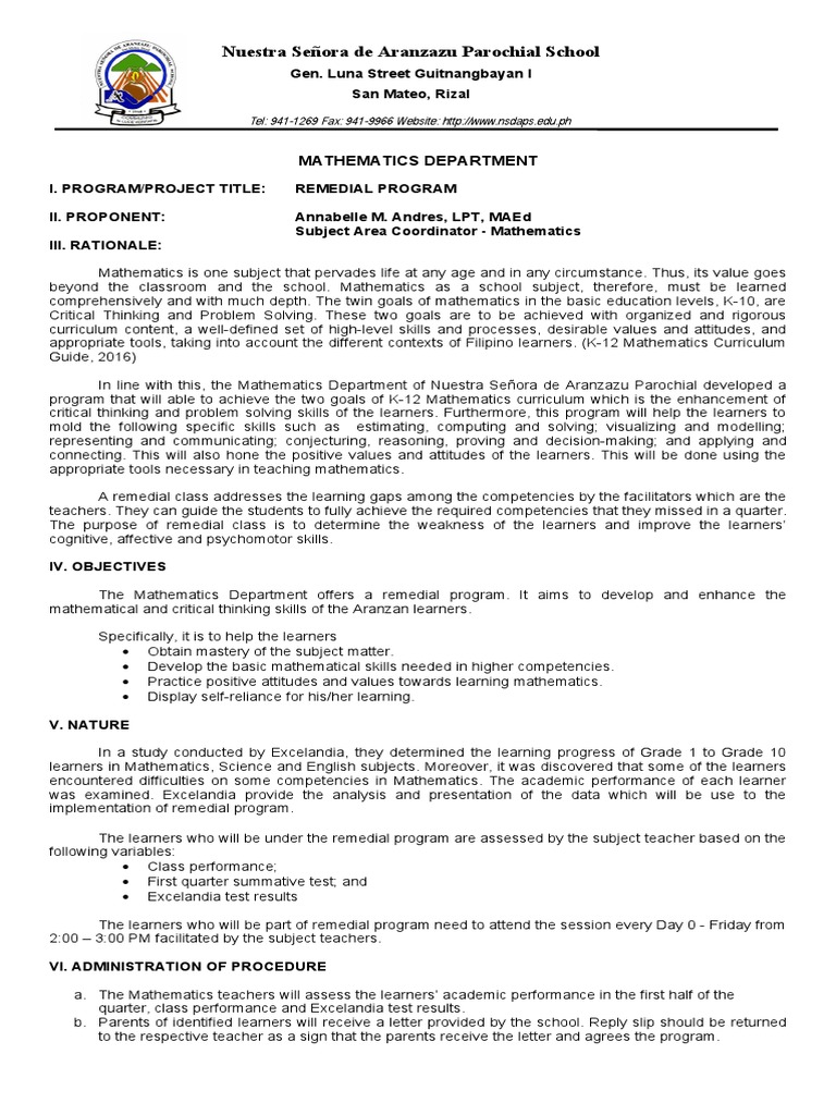 Mathematics Remedial Program Guide | PDF | Learning | Curriculum