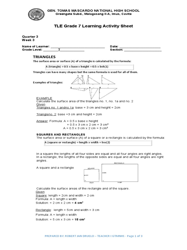 Triangles: TLE Grade 7 Learning Activity Sheet | PDF | Area | Triangle