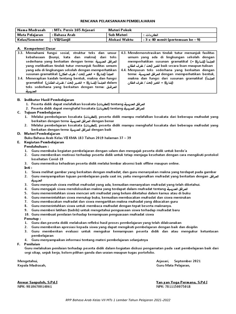 RPP Bahasa Arab Kelas Vii Mts 1 Lembar Tahun Pelajaran 2021-2022 | PDF | Seni & Disiplin Bahasa