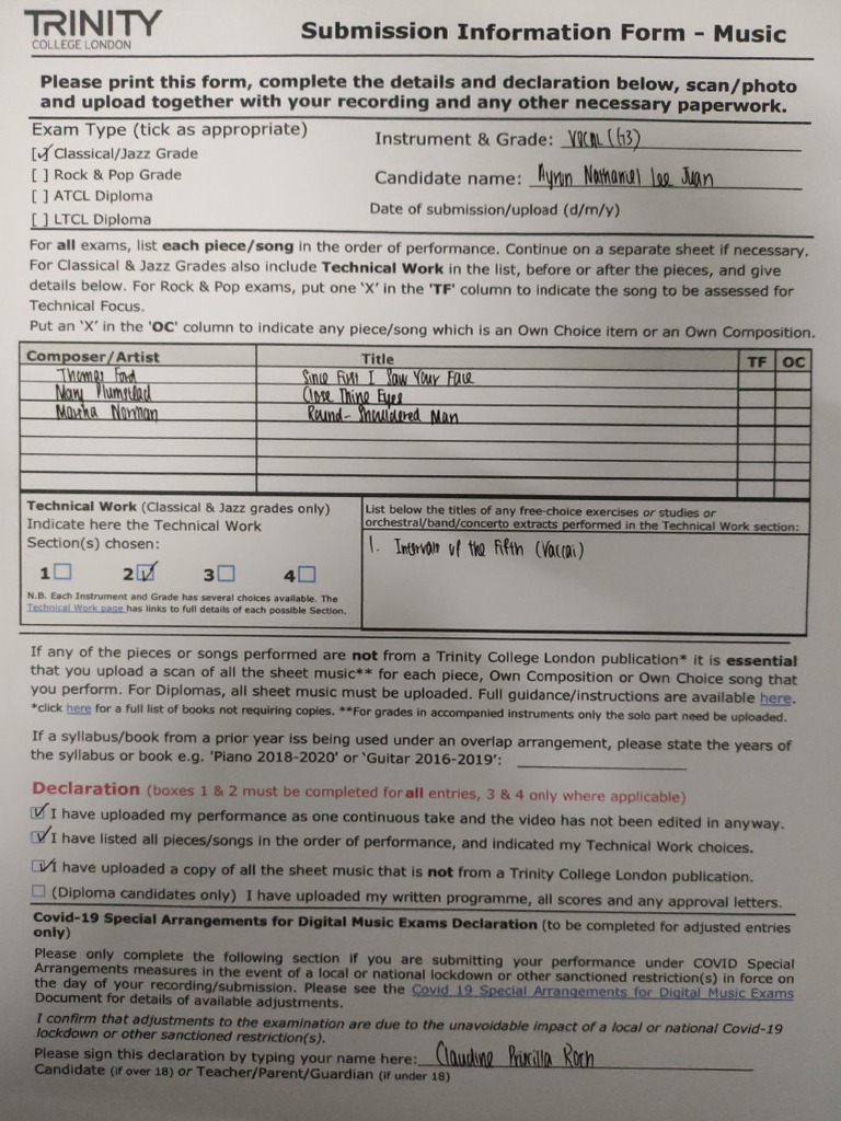 Trinity Vocal Exam GD 3 Info Submission Form | PDF