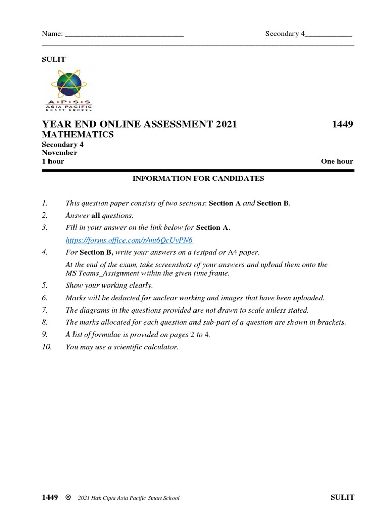 Secondary 4 Math Online Exam 2021 | PDF | Variance | Mathematics