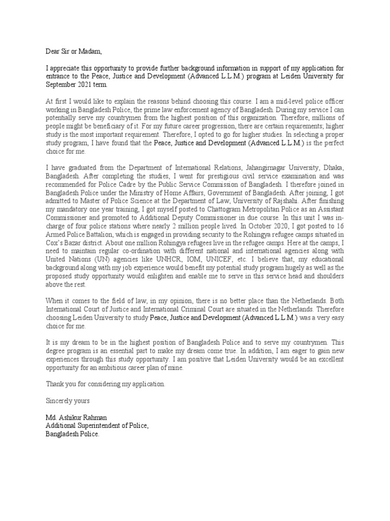 Motivation Letter For Leiden University | PDF | Police | Bangladesh