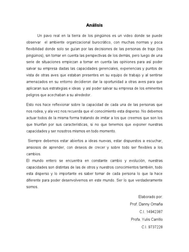 Análisis de Un Pavo Real en La Tierra de Los Pinguinos | PDF