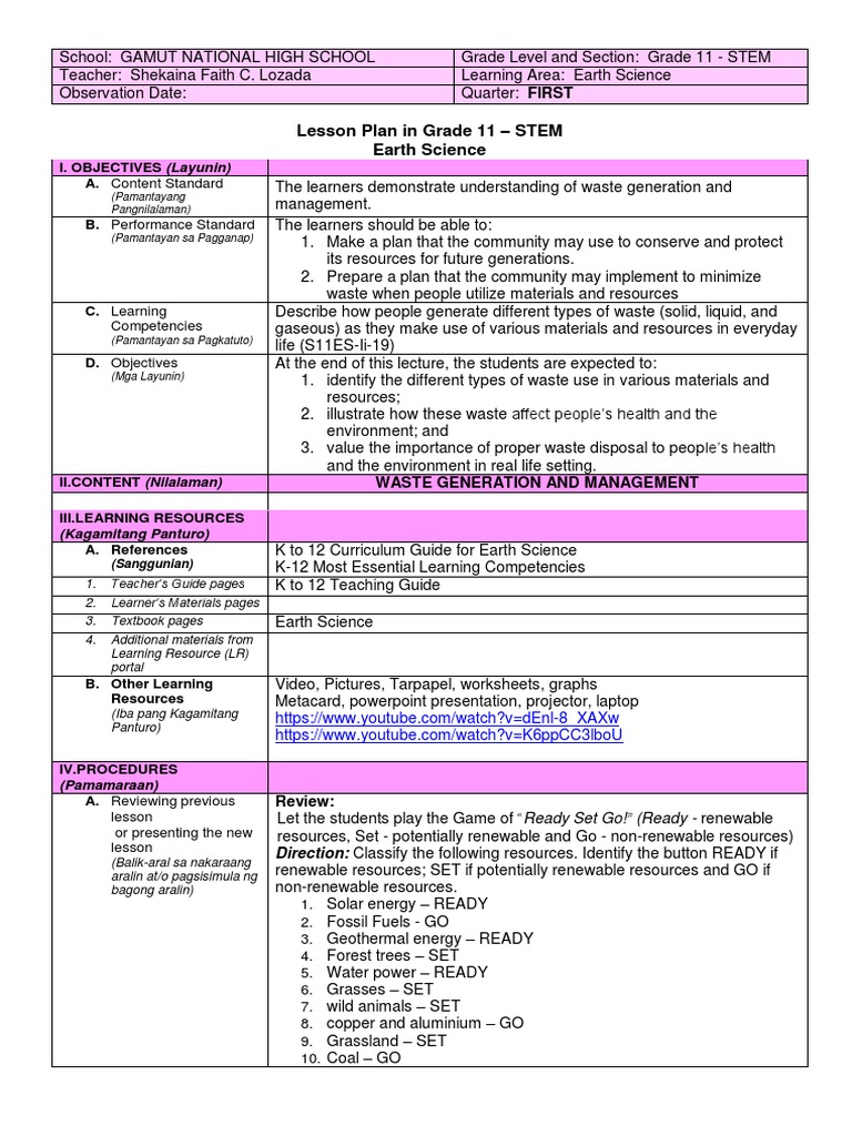 Lesson Plan in Grade 11 - Stem Earth Science: I. OBJECTIVES (Layunin) A ...