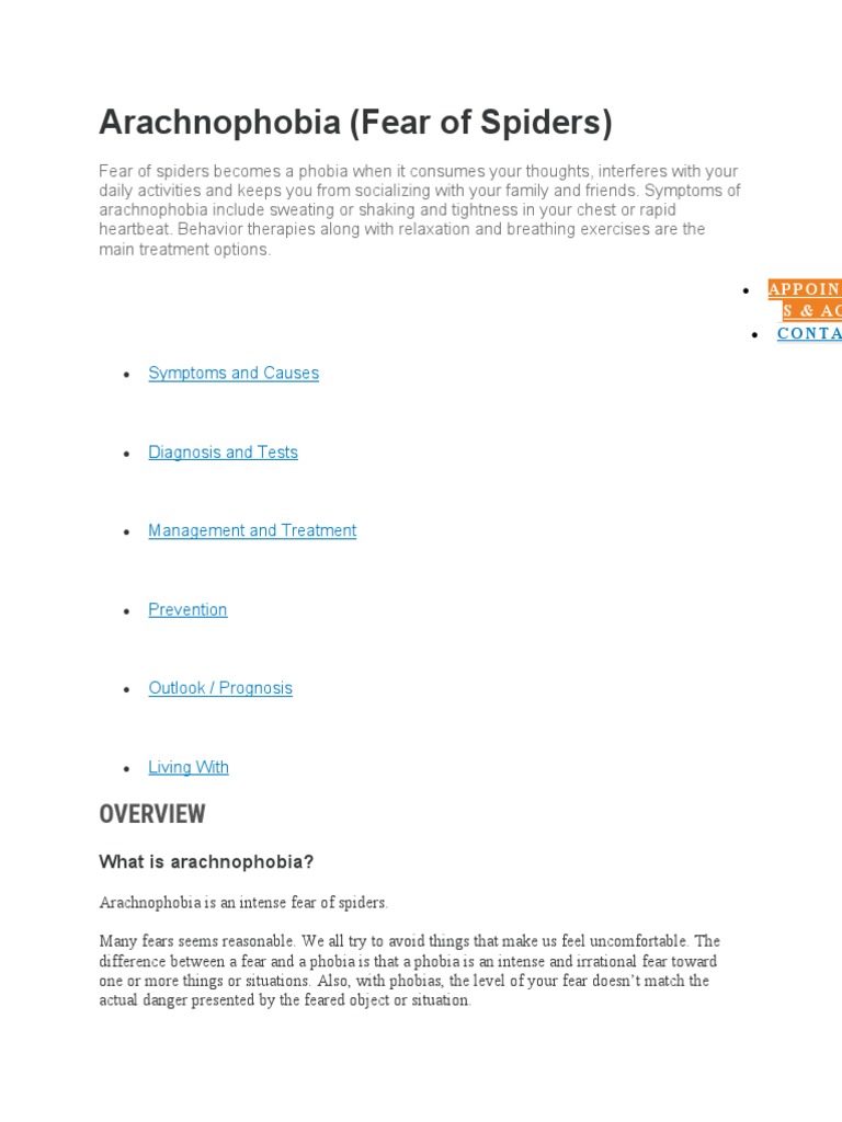 Arachnophobia (Fear of Spiders) : Symptoms and Causes | PDF | Anxiety ...