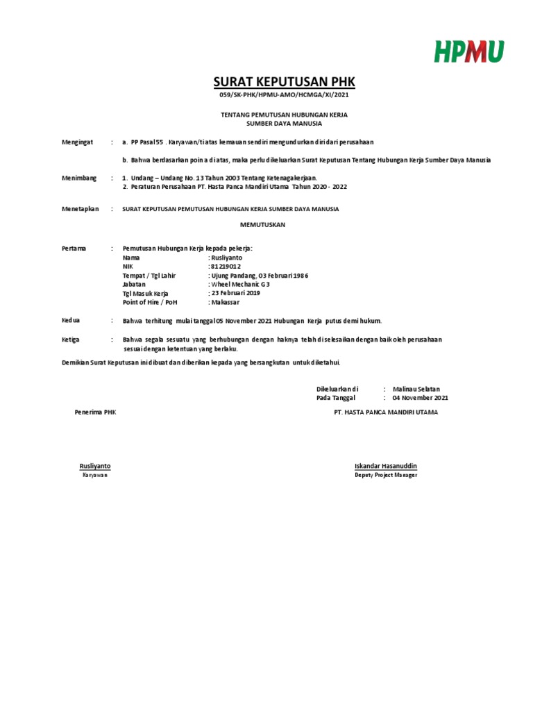 PB & SK PHK Rusliyanto | PDF