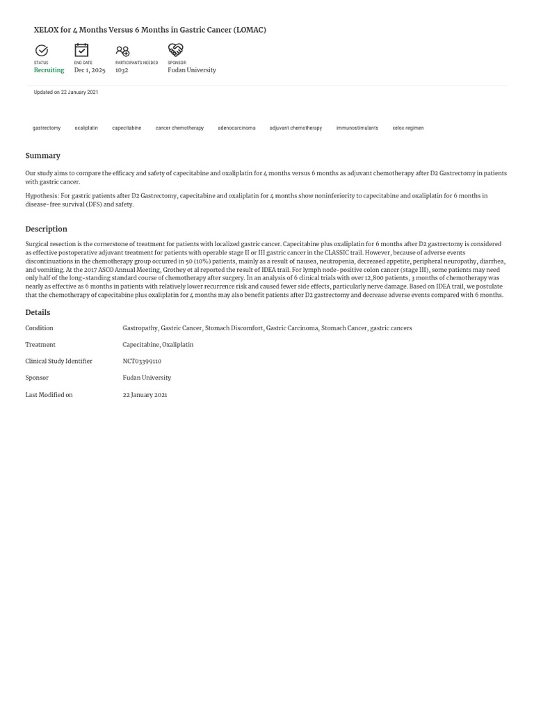 XELOX For 4 Months Versus 6 Months in Gastric Cancer (LOMAC) | PDF ...