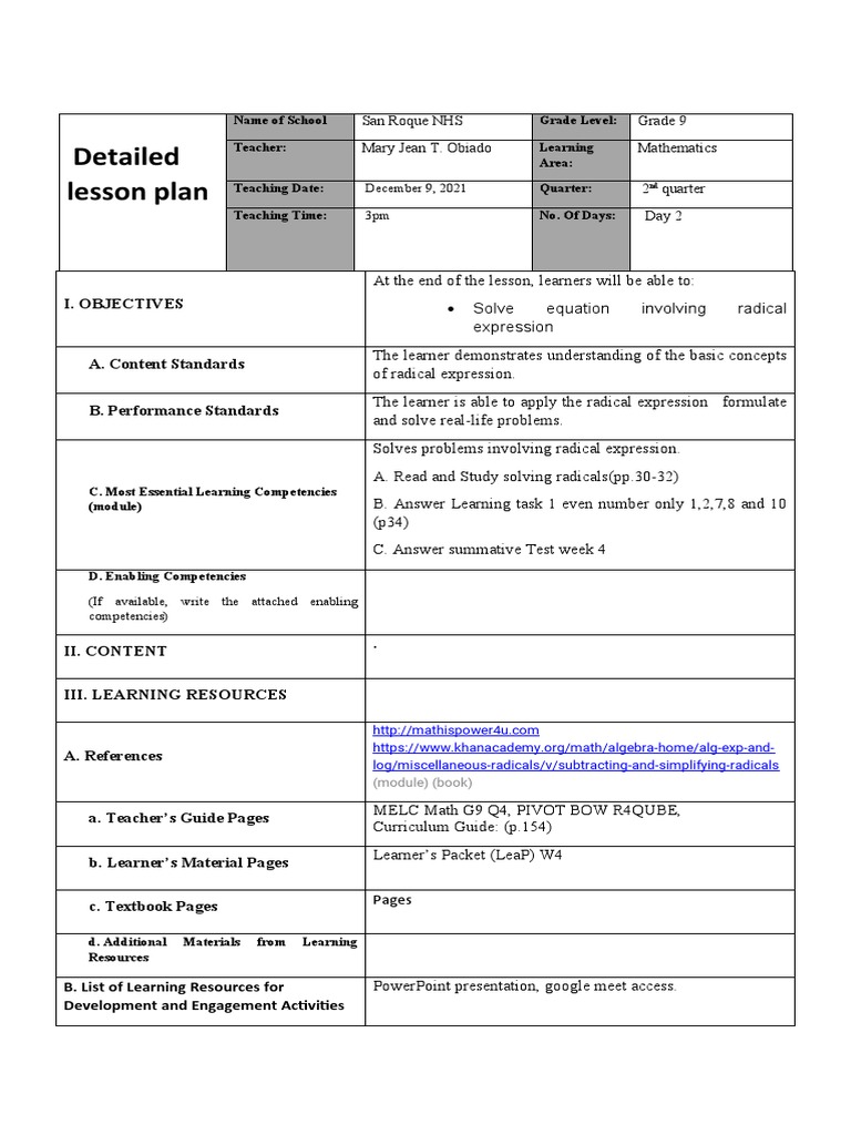 Detailed Lesson Plan: San Roque NHS Grade 9 Mary Jean T. Obiado ...