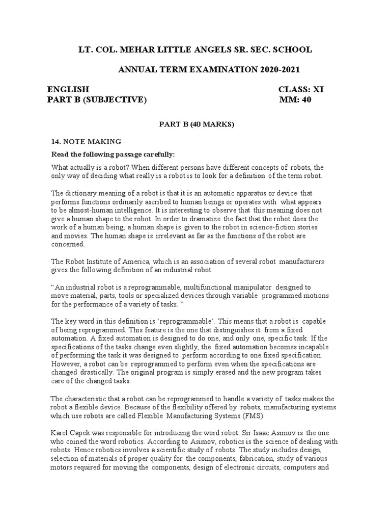 Annual Term Paper English Subjective | PDF | Robot | Robotics
