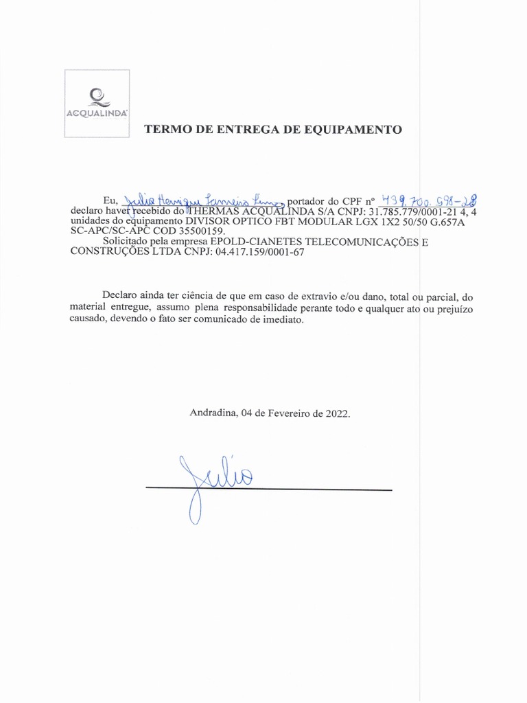 Termo de Entrega de Equipamento - Julio | PDF