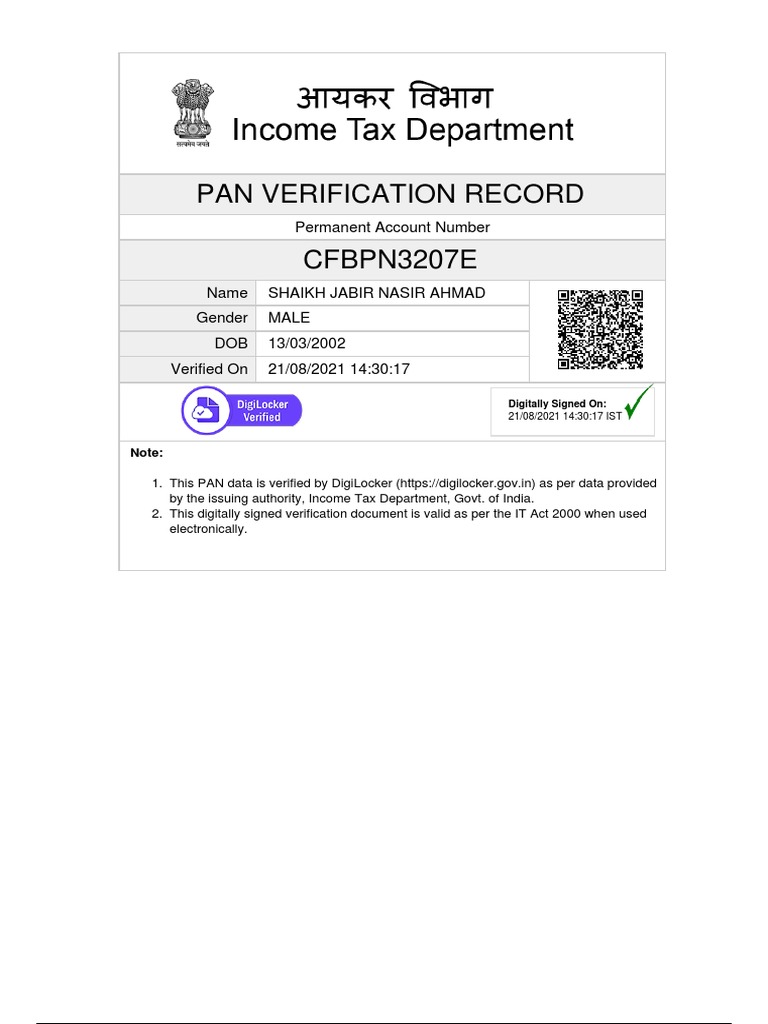 Pan Verification Record CFBPN3207E: Permanent Account Number | PDF