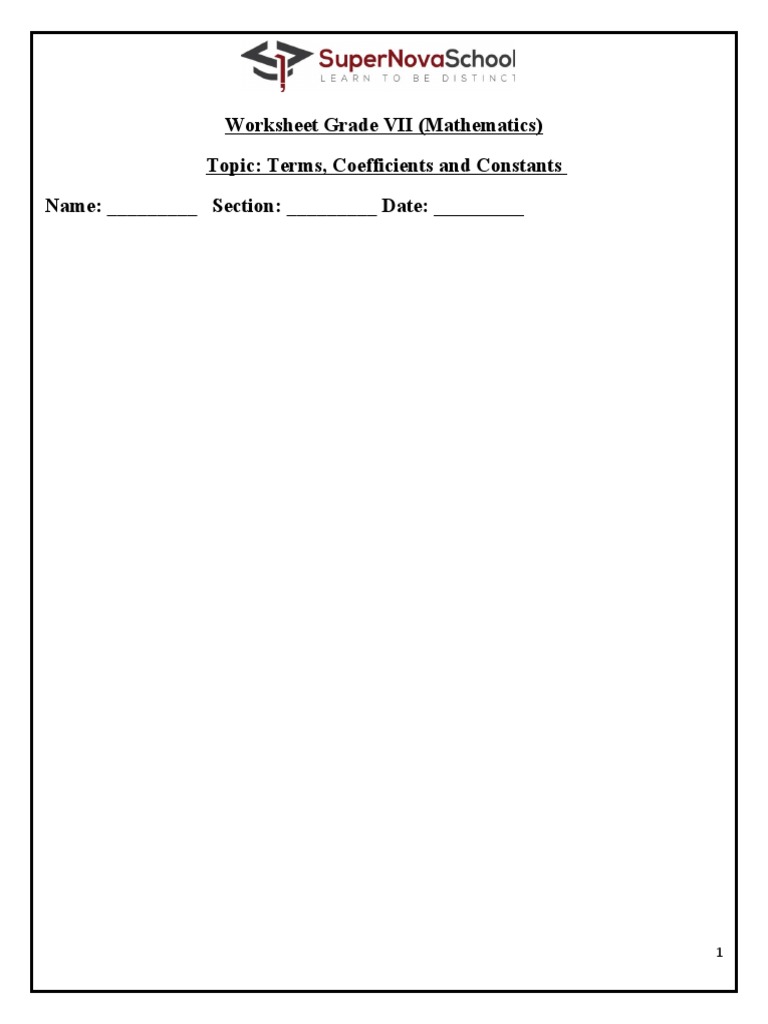 Worksheet Grade VII (Mathematics) Topic: Terms, Coefficients and ...