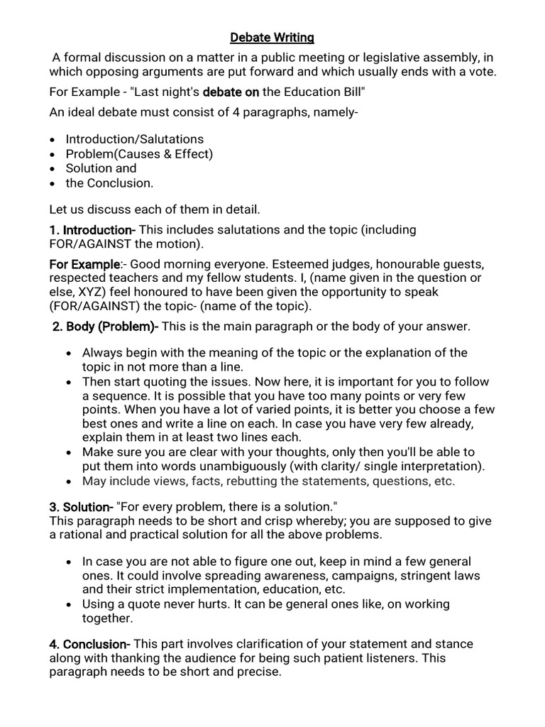 Debate Writing Class XI | PDF