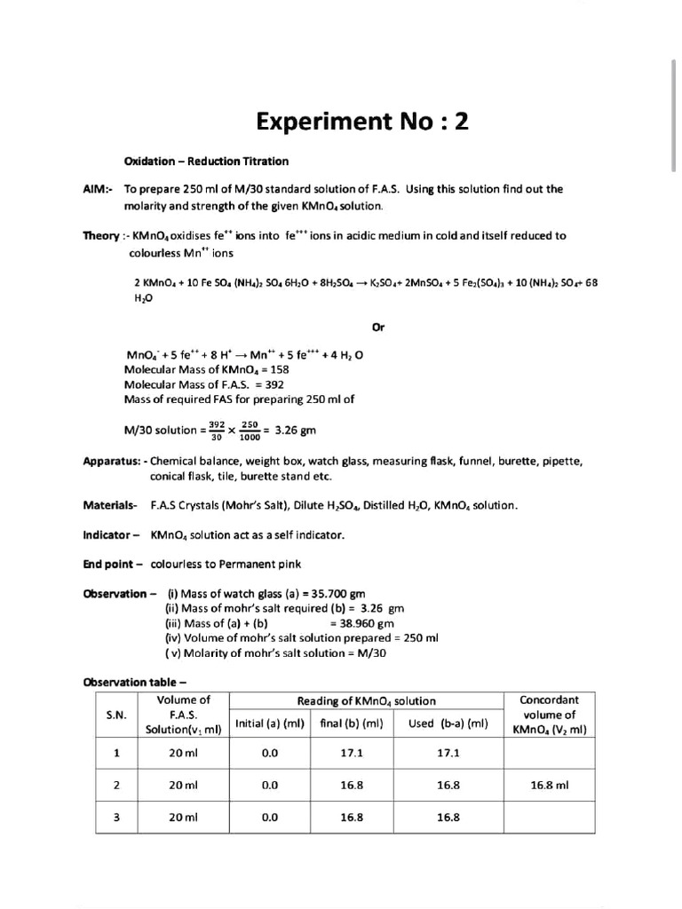 Volumetric Analysis Experiment Experiment No1 | PDF | Titration | Chemistry