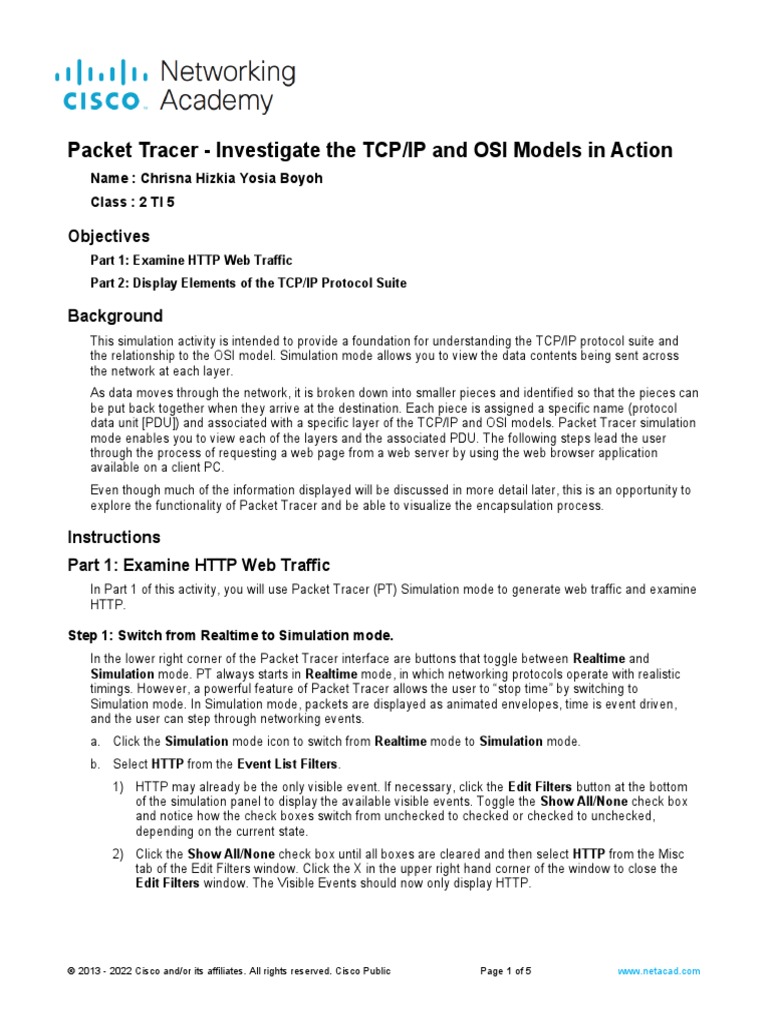 Packet Tracer - Investigate The TCP/IP and OSI Models in Action | PDF | Internet Protocol Suite ...
