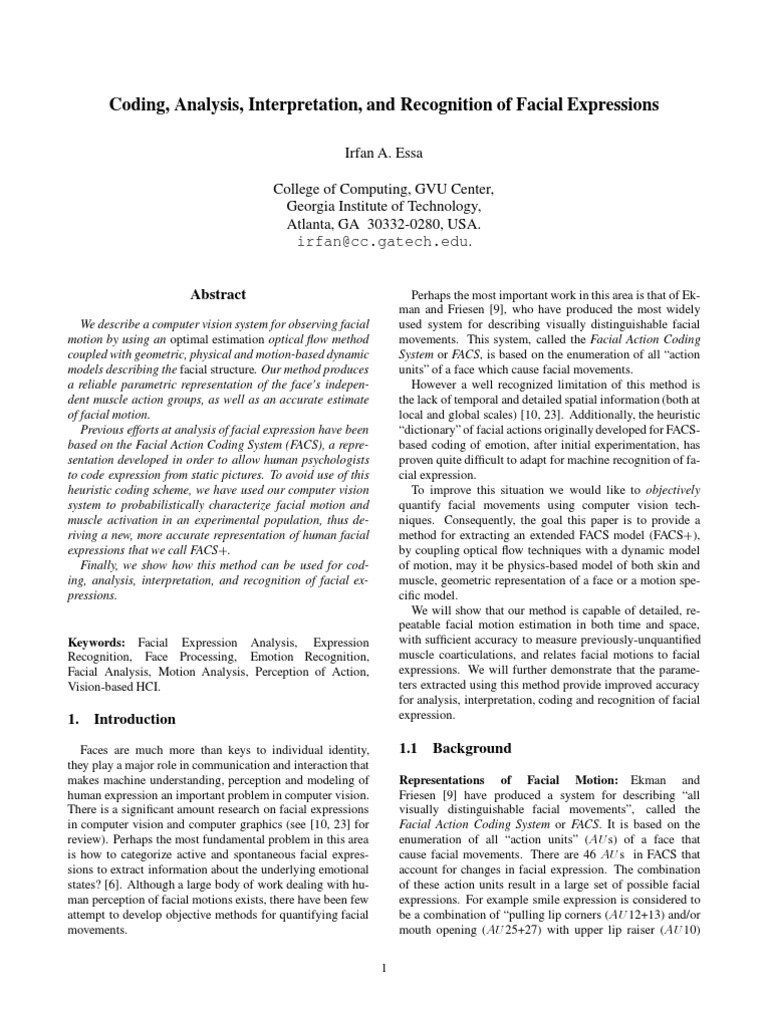 Coding, Analysis, Interpretation, and Recognition of Facial Expressions | PDF | Kalman Filter ...