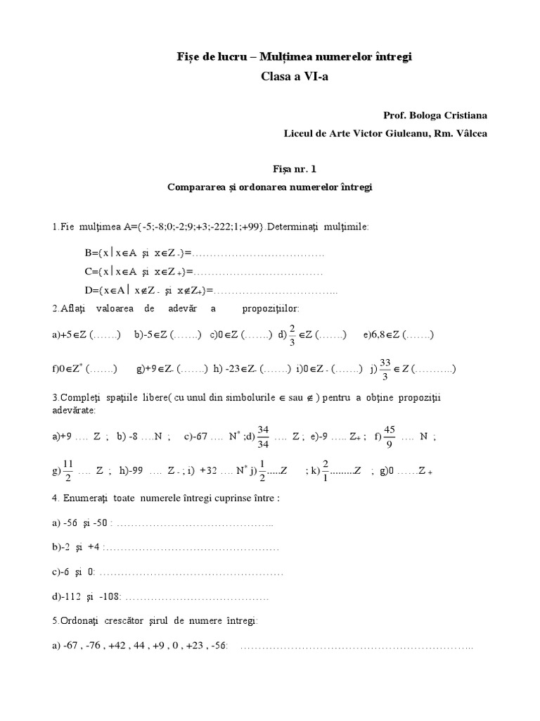 Fise de Lucru Multimea Numerelor Intregi | PDF
