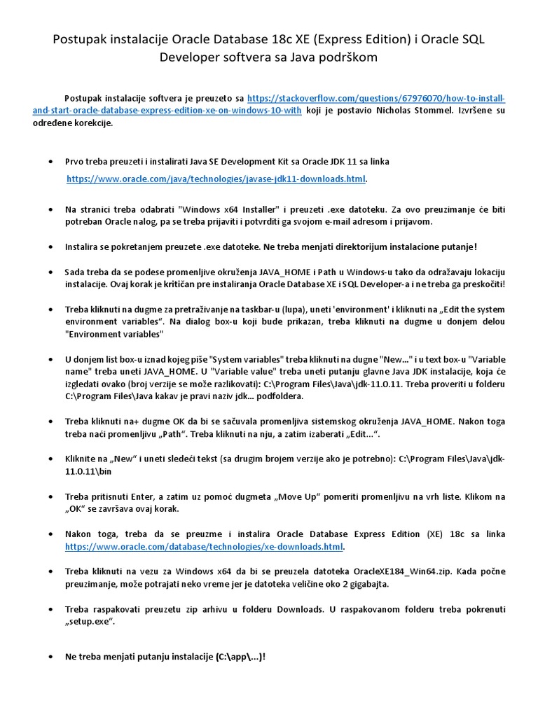 Postupak Instalacije Java SDK Oracle Database 18c XE I Oracle SQL Developer | PDF