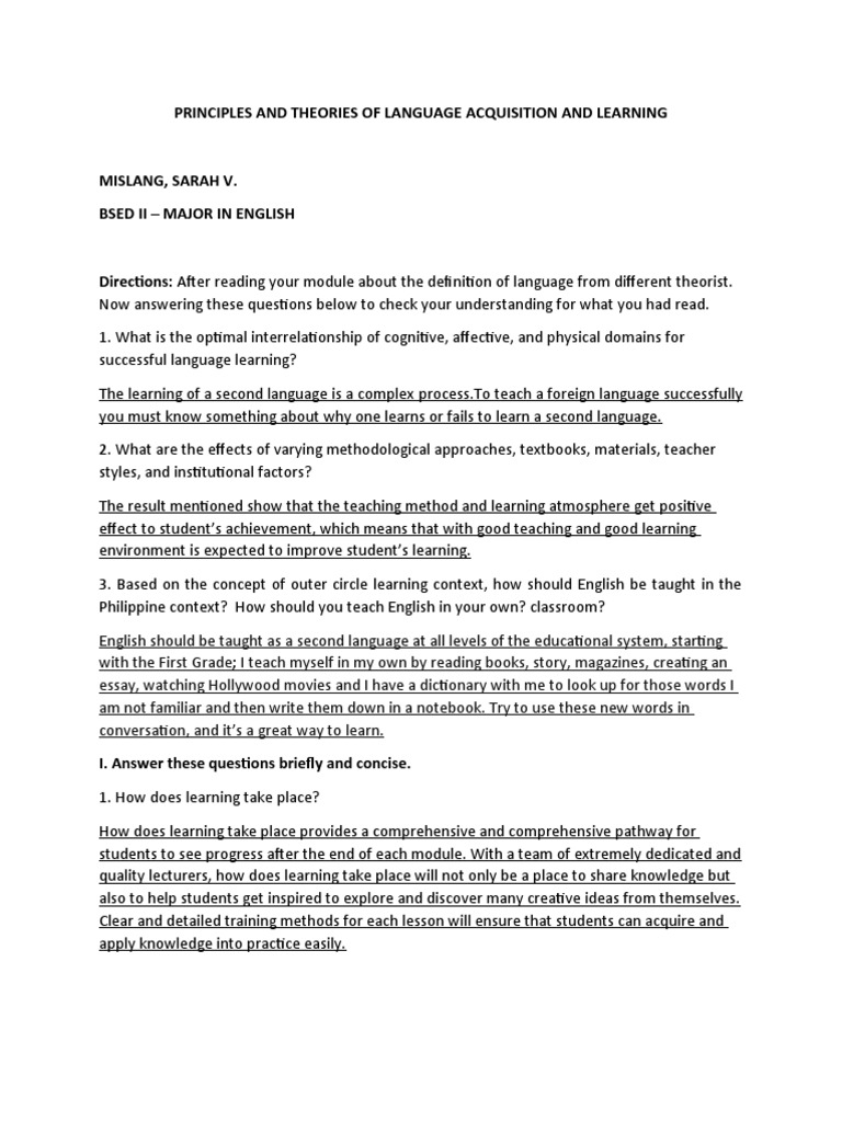 Principles and Theories of Language Acquisition and Learning Answer | PDF