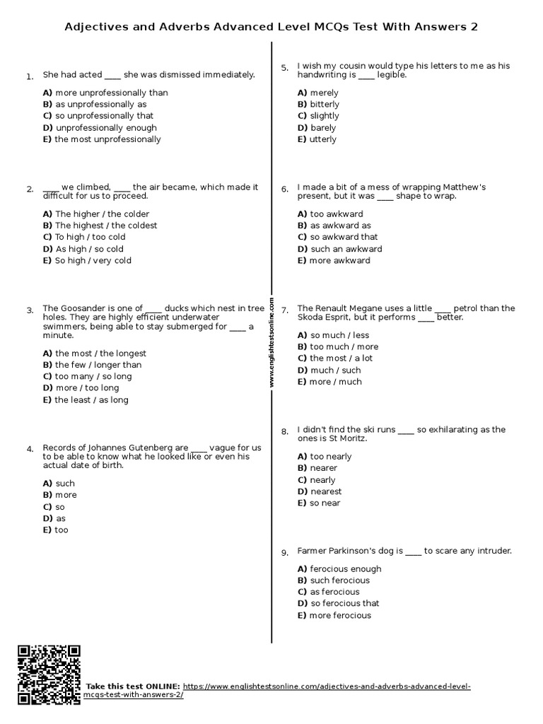 895 Adjectives and Adverbs Advanced Level Mcqs Test With Answers 2 | PDF