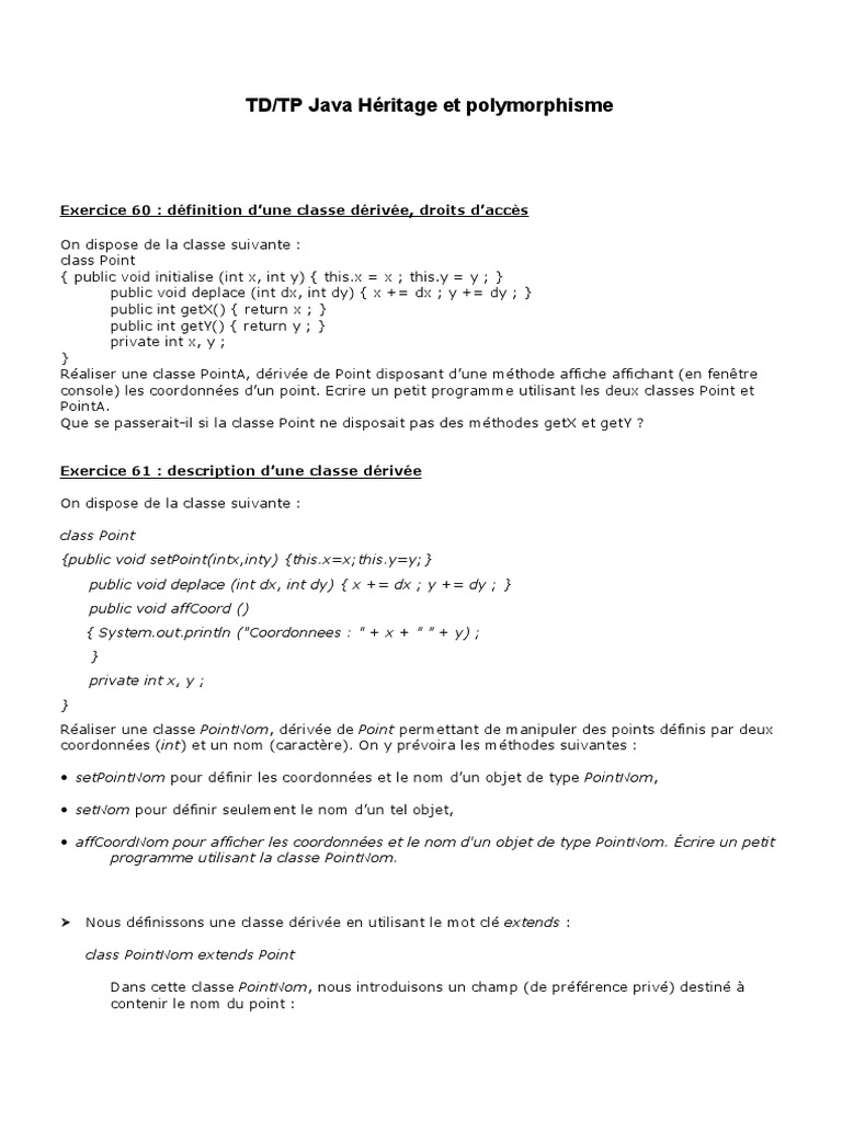 TD Java Héritage Et Polymorphisme | PDF | Classe (informatique) | Interface (Informatique)