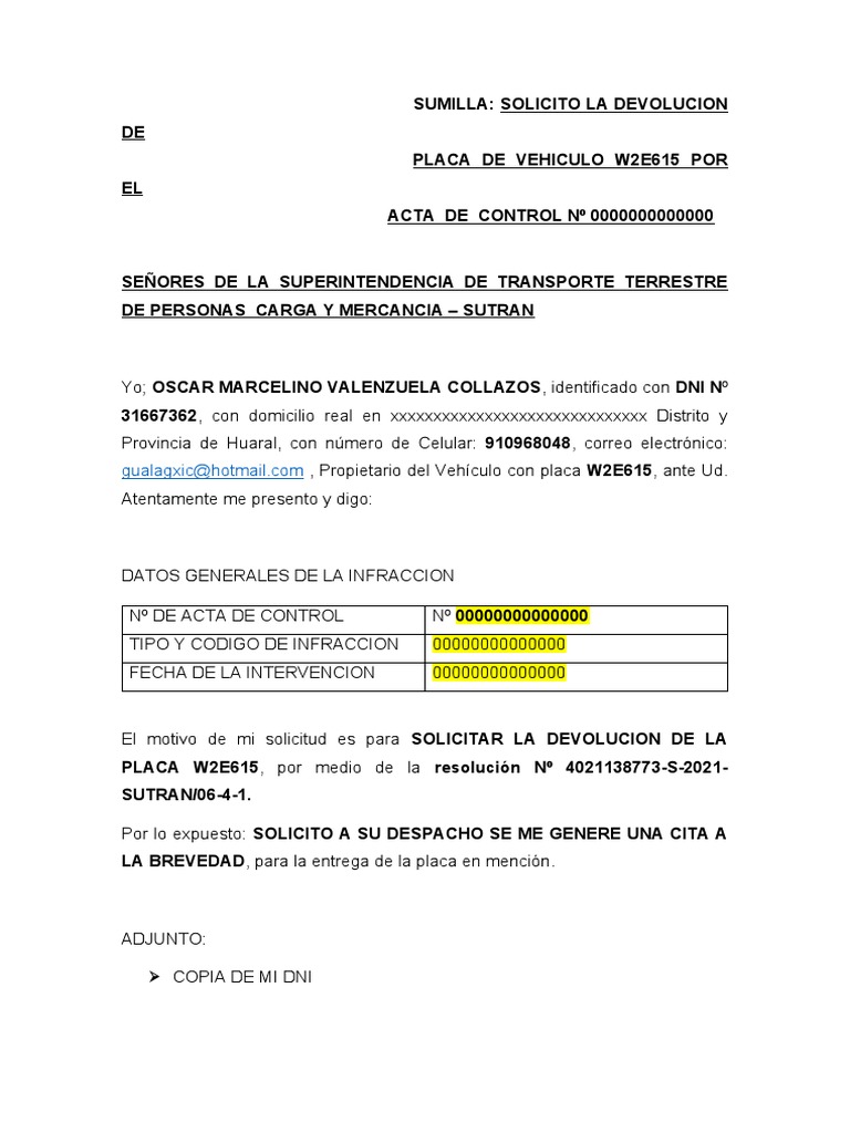 Solicito Devolucion de Placa | PDF | Derecho