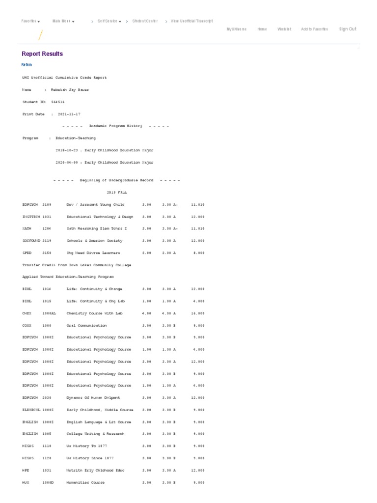 Rebekah Bauer Unofficial Transcript | PDF | Behavior Modification | Learning