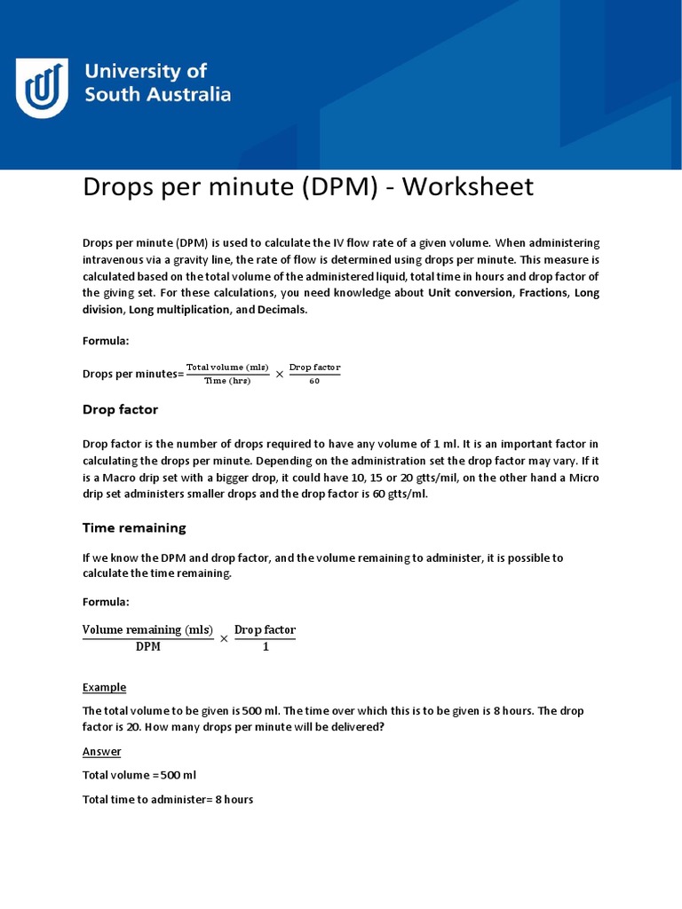 Maths For Midwifery and Nursing Drops Per Minute (DPM) - Worksheet ...