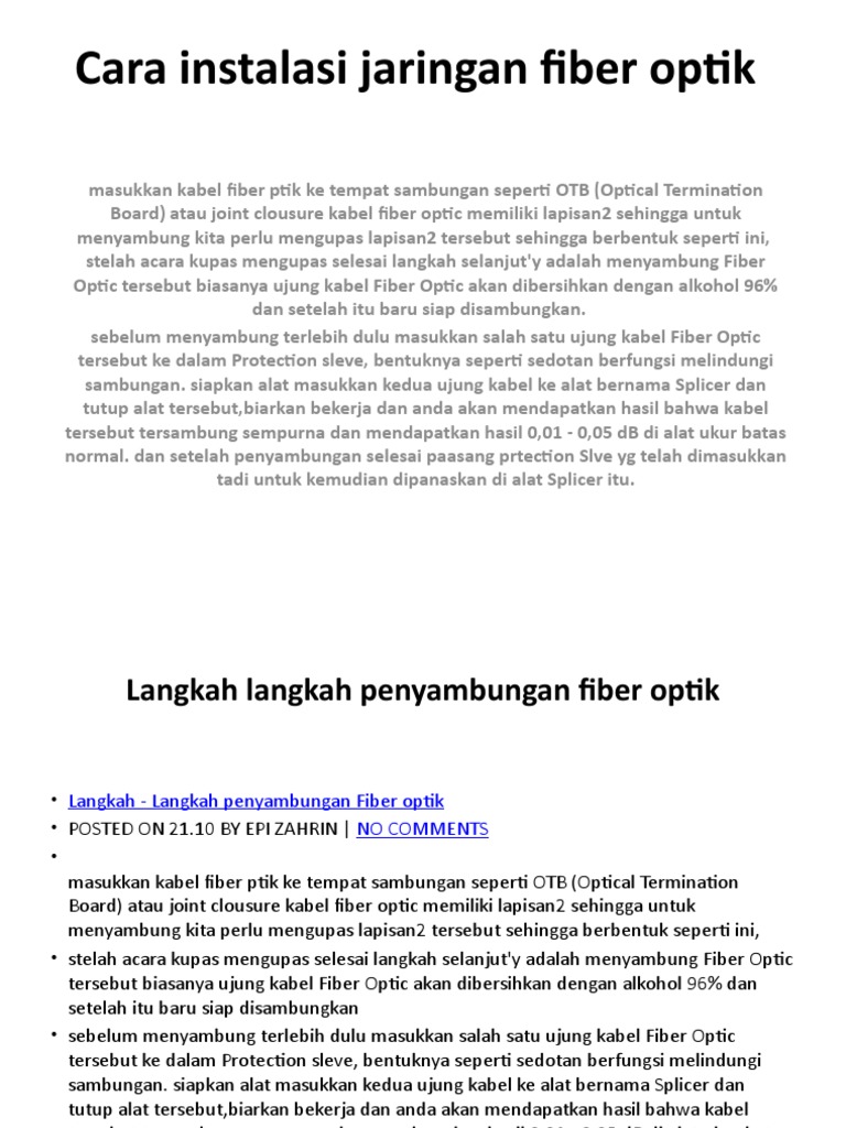 Cara Instalasi Jaringan Fiber Optik | PDF