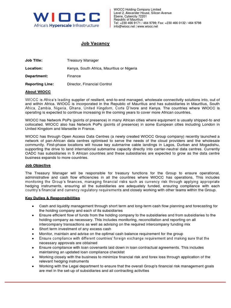 WIOCC Job Vacancy - Treasury Manager | PDF | Regulatory Compliance ...