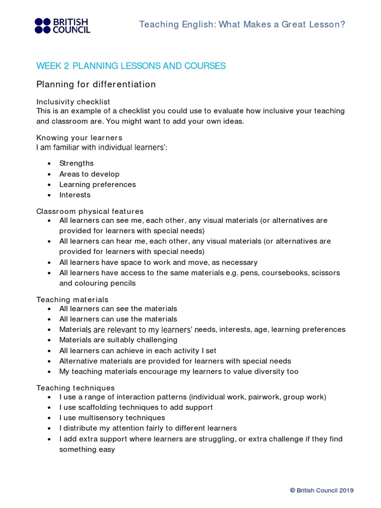 PLC Planning For Differentiation Inclusivity Checklist | PDF