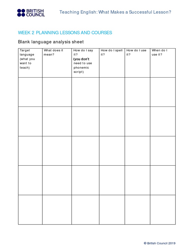 Blank Language Analysis Sheet: Week 2 Planning Lessons and Courses ...