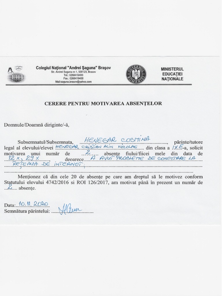 Cerere Pentru Motivarea Absentelor | PDF