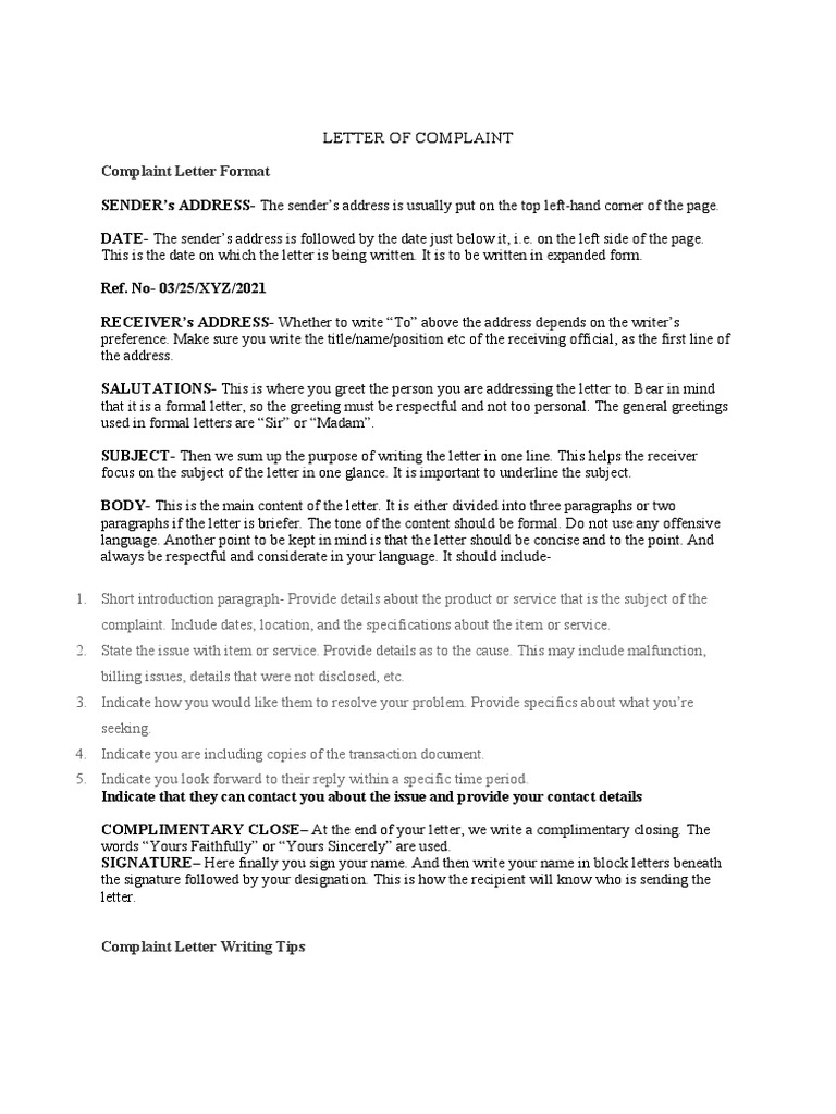 Letter of Complaint Format Class Xi | PDF | Communication | Human ...