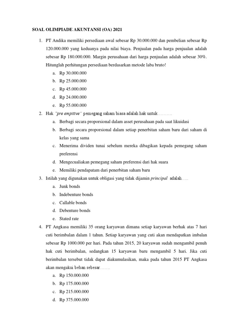 Soal Olimpiade Akuntansi (Oa) 2021 Babak Penyisihan | PDF | Bisnis | Pengelolaan Keuangan & Uang