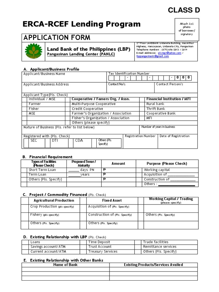 Application for an ERCA-RCEF Loan: Document Providing Details on the ...