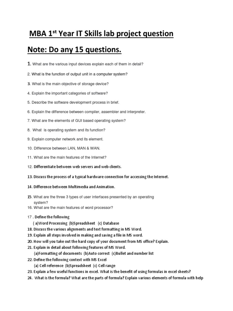 MBA IT Skills Lab Project Questions | PDF | Microsoft Excel | Spreadsheet