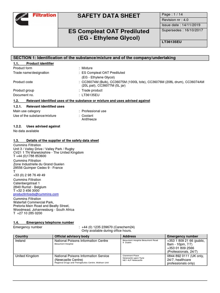 ES Compleat OAT Prediluted Safety Data Sheet | PDF | Firefighting ...