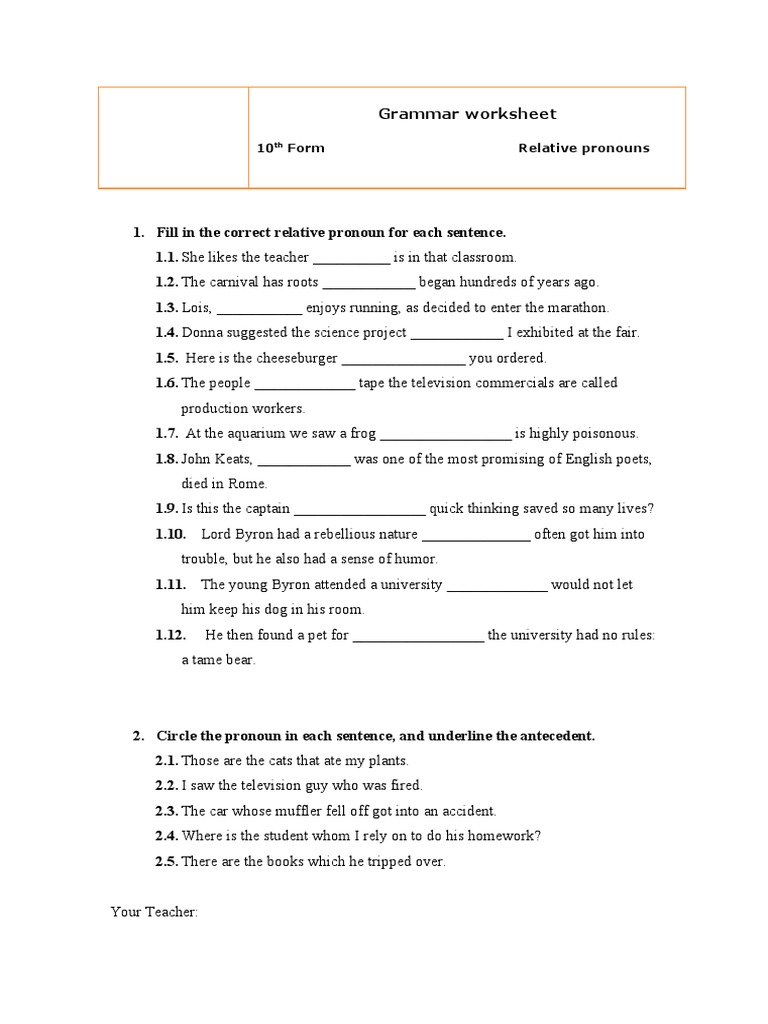 Worksheet On Relative Pronouns | PDF