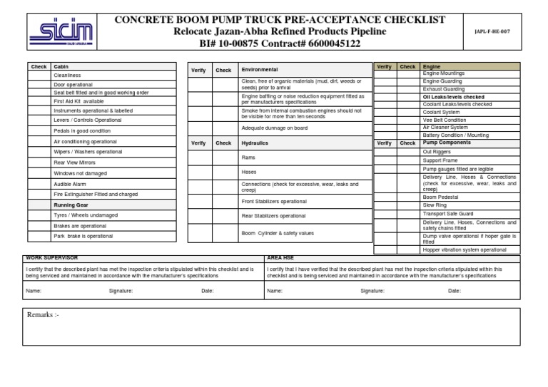 JAPL-F-HE-007-Concrete Pump Checklist | PDF | Truck | Pump