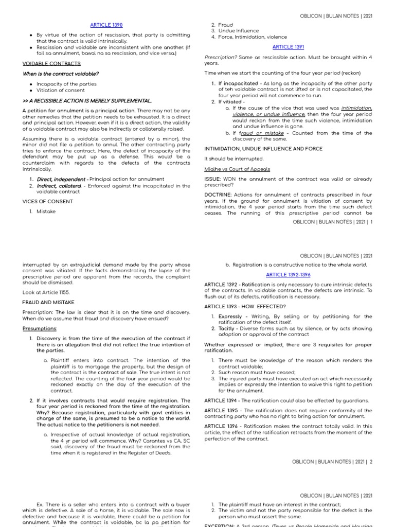 Understanding Voidable Contracts: Grounds for Annulment, Prescription Periods, Ratification, and ...