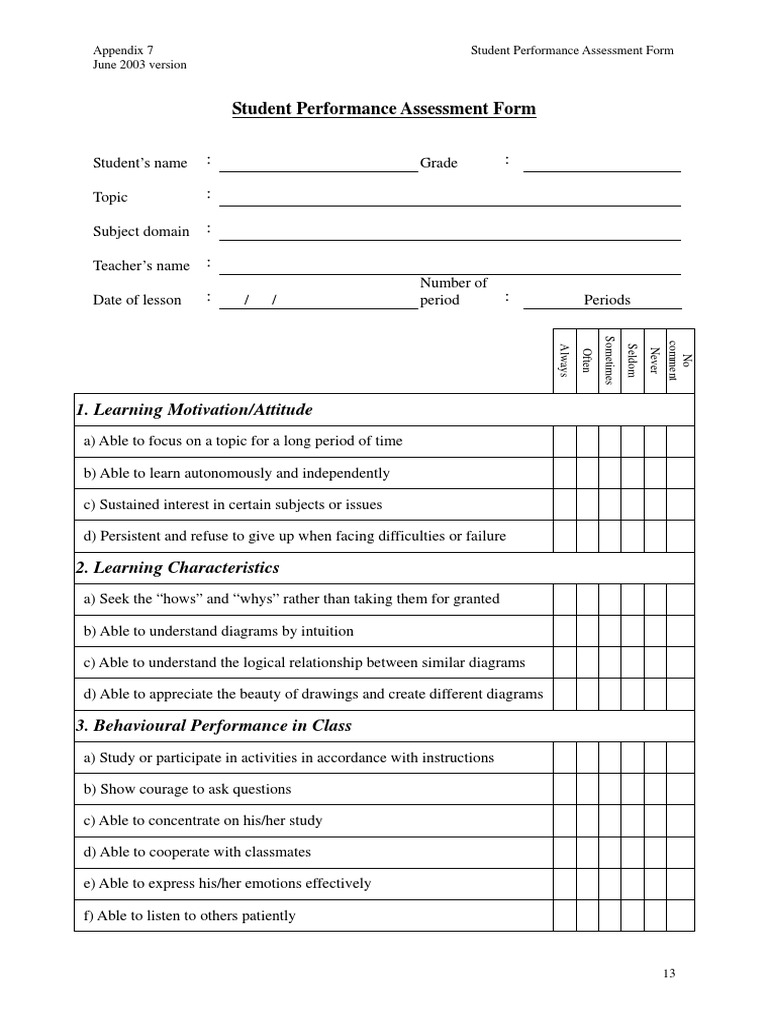 Student Performance Assessment Form | PDF